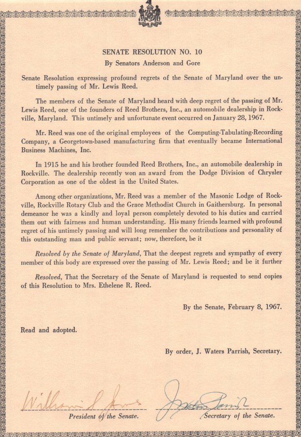 Senate Resolution | Reed Brothers Dodge History 1915 – 2012