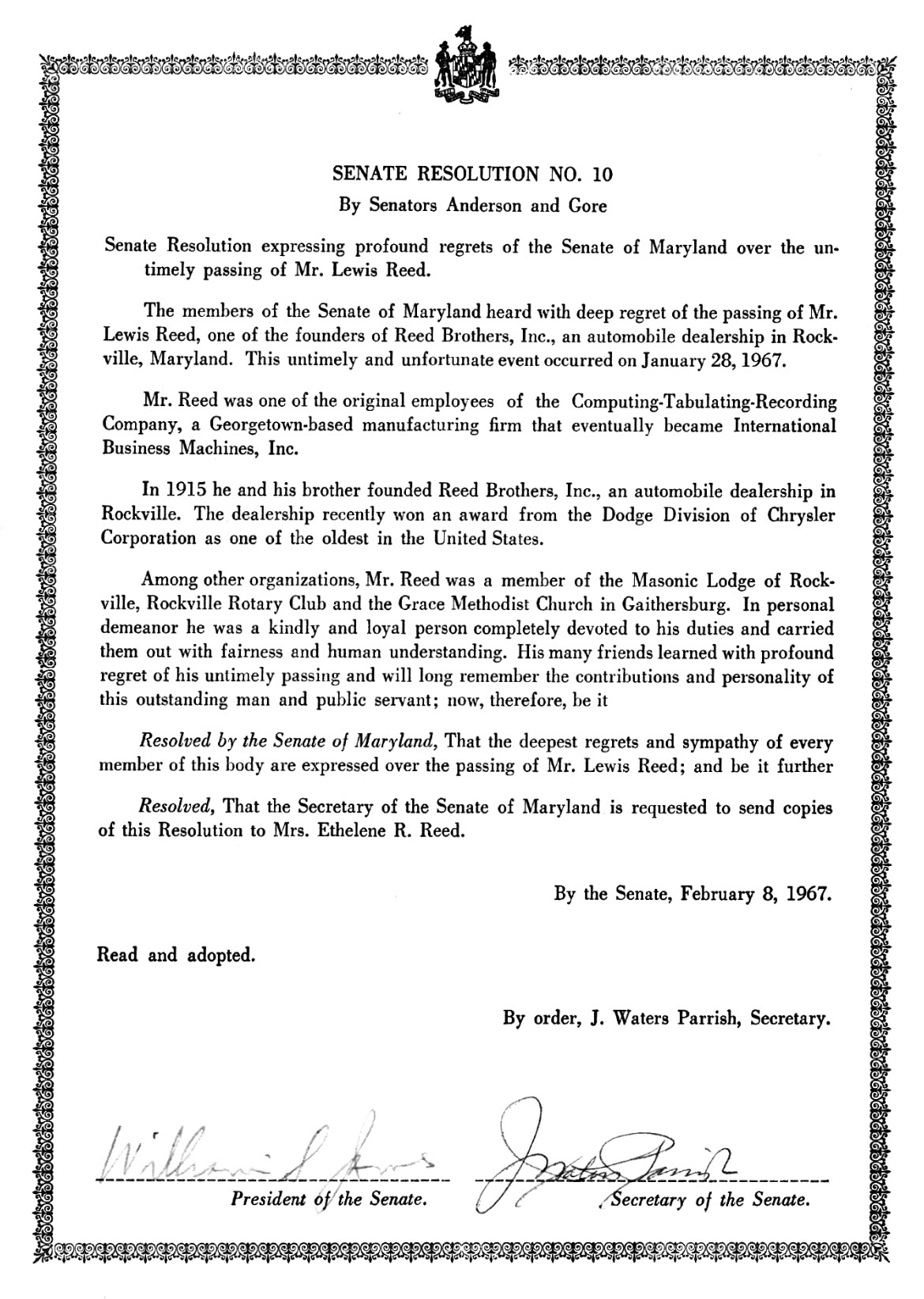 Senate Resolution No. 10 | Reed Brothers Dodge History 1915 – 2012